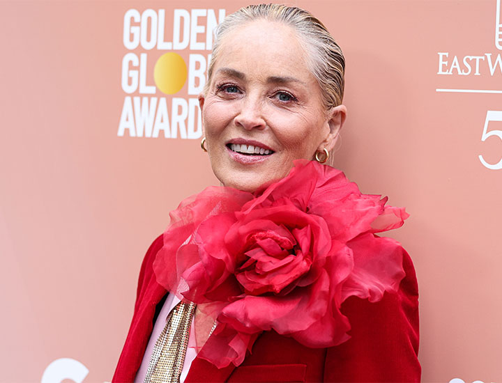 Sharon Stone Donned A Fiery Red Suit With A Floral Appliqué At The ...